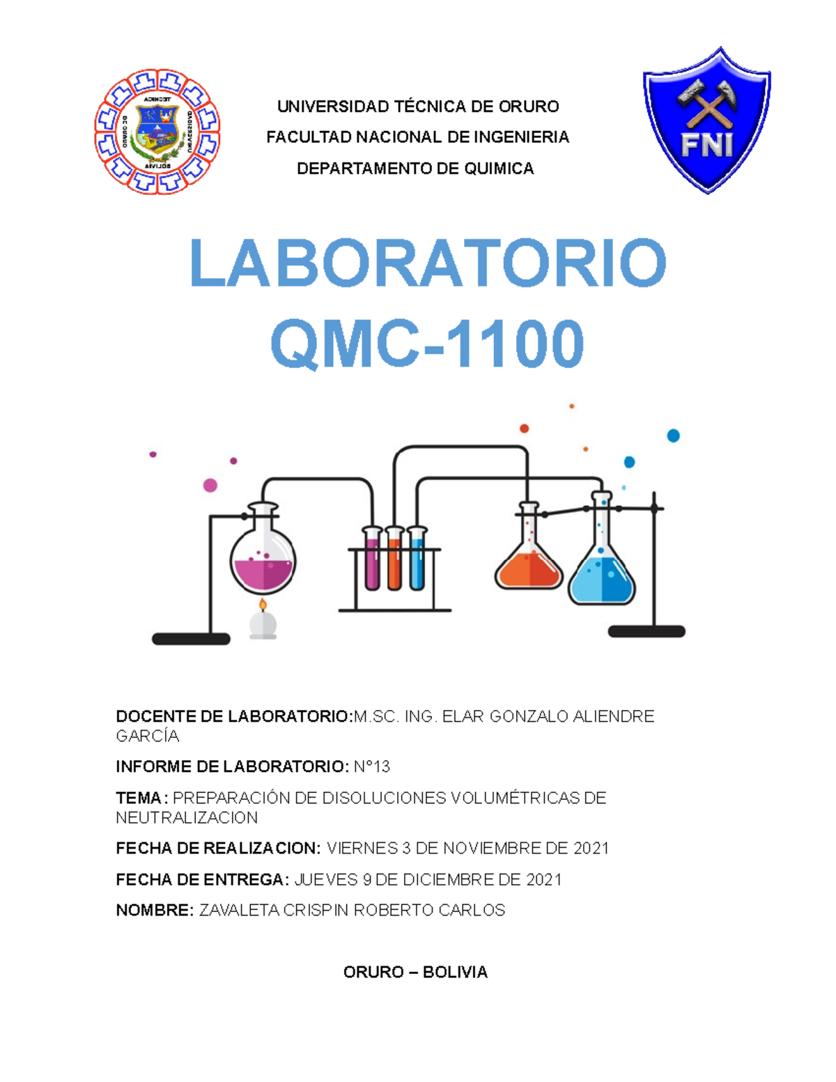 LAB13 QMC - informe de laboratorio - UNIVERSIDAD TÉCNICA DE ORURO FACULTAD NACIONAL DE ...