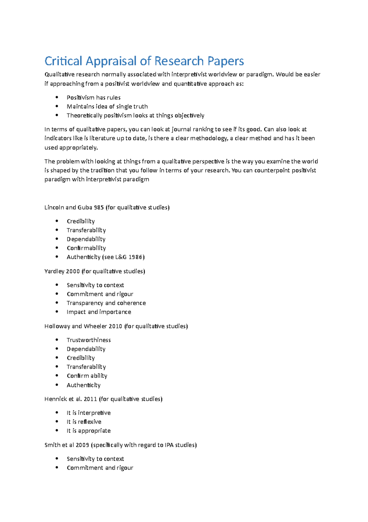 Lecture 10- critical appraisal of research papers - Critical Appraisal ...