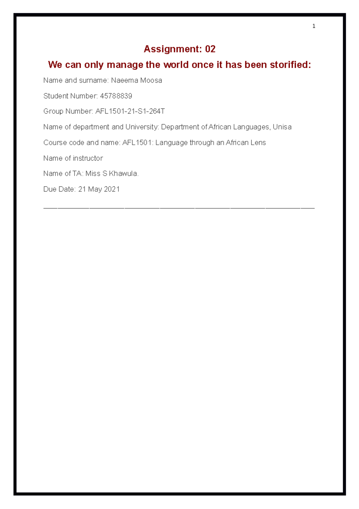 AFL 1501 Assignment 2 - meaning of your name and a traditional ceremony - Assignment: 02 We can ...