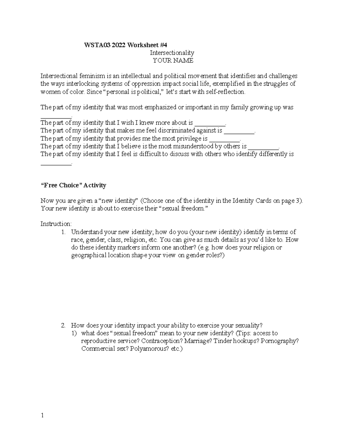 WSTA03 2022 Worksheet #4 - WSTA03 2022 Worksheet # Intersectionality ...