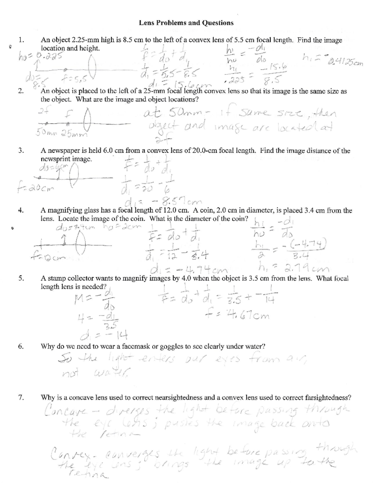 Lens Problems and Questions Key - PHYS 1402 - Studocu