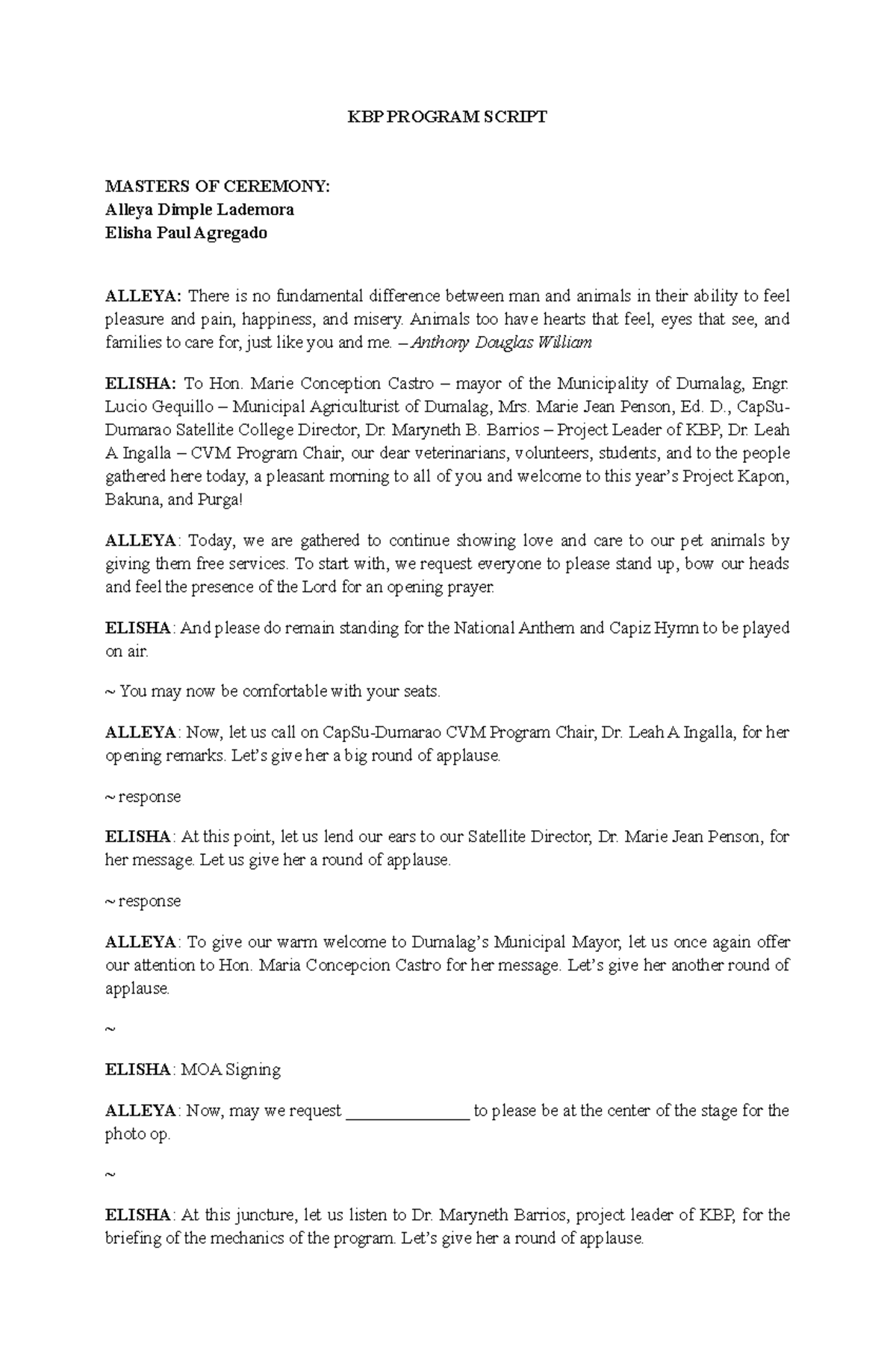 Program- Script - KBP PROGRAM SCRIPT MASTERS OF CEREMONY: Alleya Dimple ...