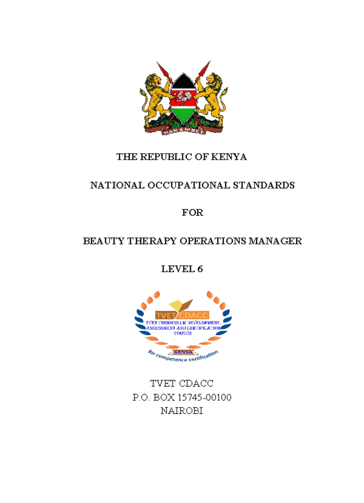 OS Beauty Therapy Level 6 - THE REPUBLIC OF KENYA NATIONAL OCCUPATIONAL ...