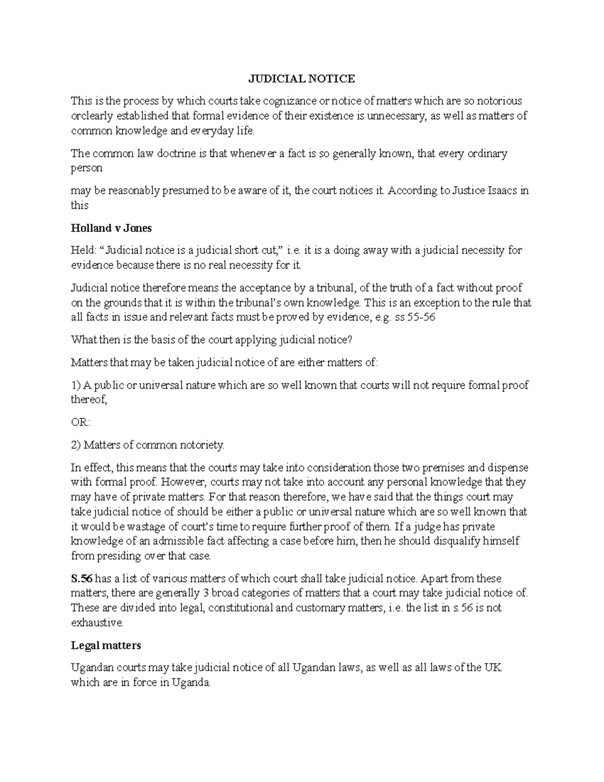 My notes on Judicial notice - JUDICIAL NOTICE This is the process by ...