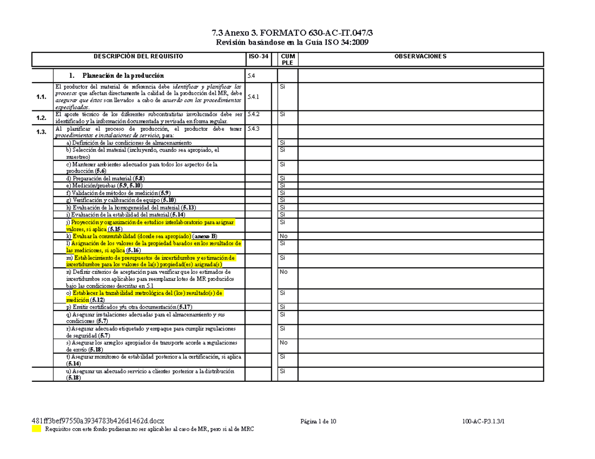 Checklist-ISO34 - Revisión basándose en la Guía ISO 34: DESCRIPCIÓN DEL REQUISITO ISO-34 CUM PLE ...