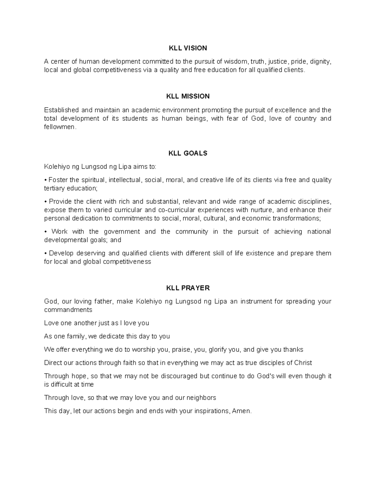 Mission, Vision, Goals, KLL HYMN - KLL VISION A center of human ...