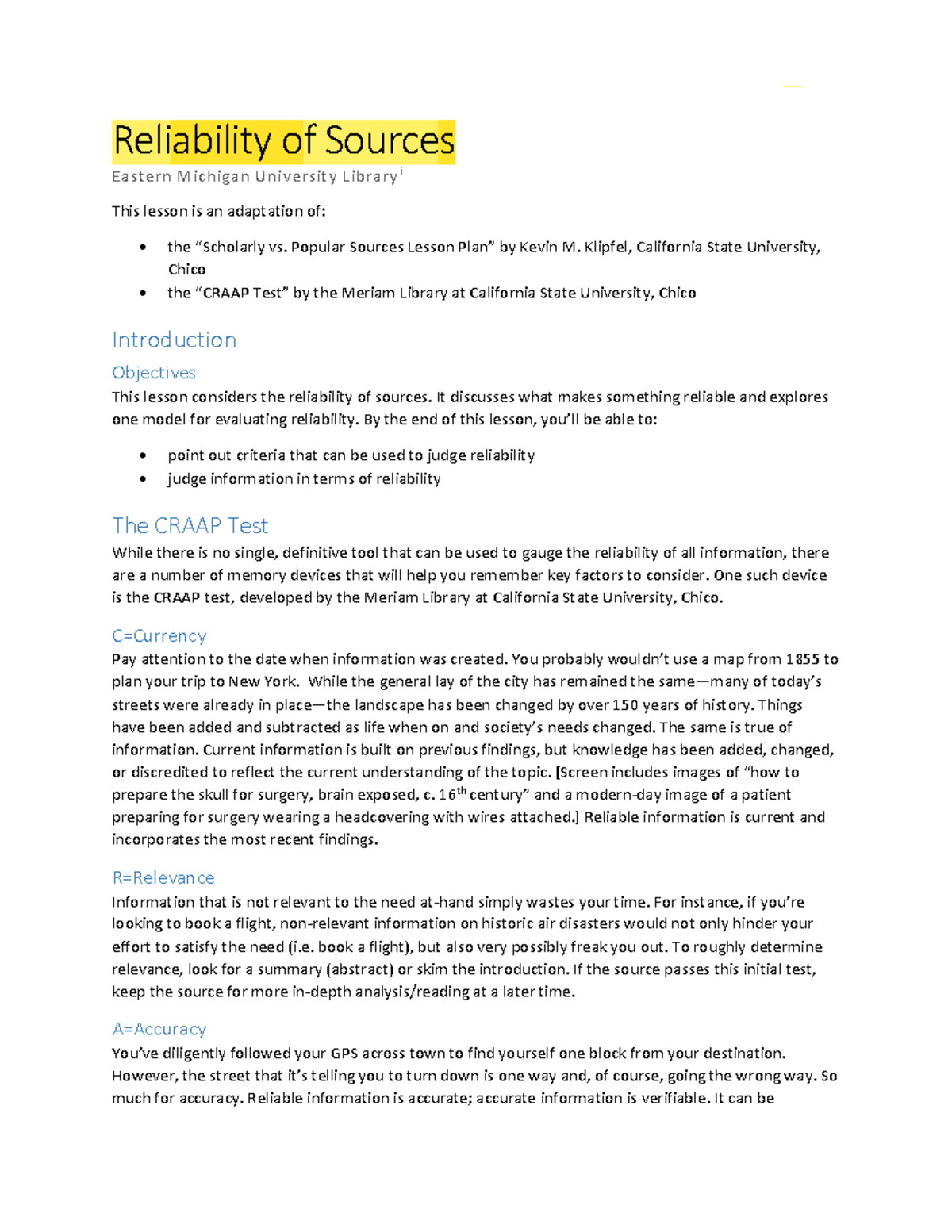Reliability of Sources alt - Reliability of Sources Eastern Michigan ...