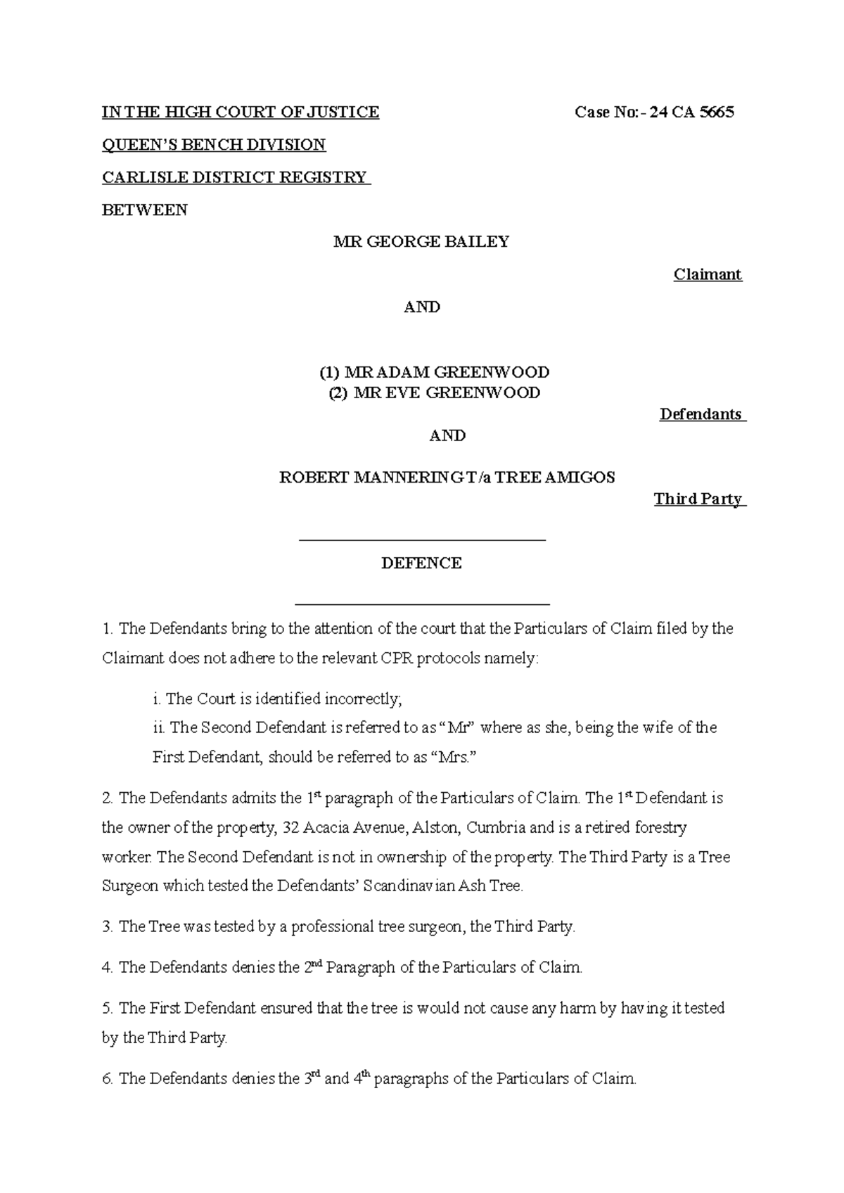 Drafting Formative - Bernie - IN THE HIGH COURT OF JUSTICE Case No:- 24 ...