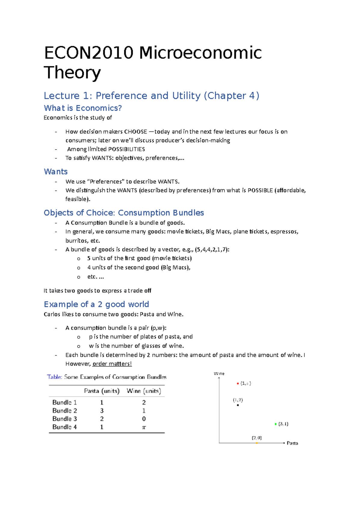 Econ2010 Microeconomic Theory Lecture Notes Econ2010 Microeconomic Theory Lecture 1