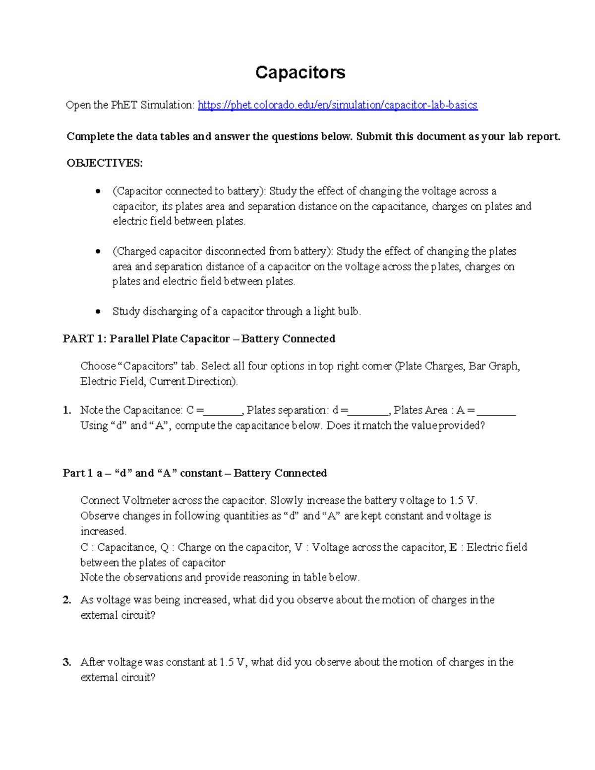 Lab 5 - Capacitor V manual + report-1 - Capacitors Open the PhET Simulation: - Studocu