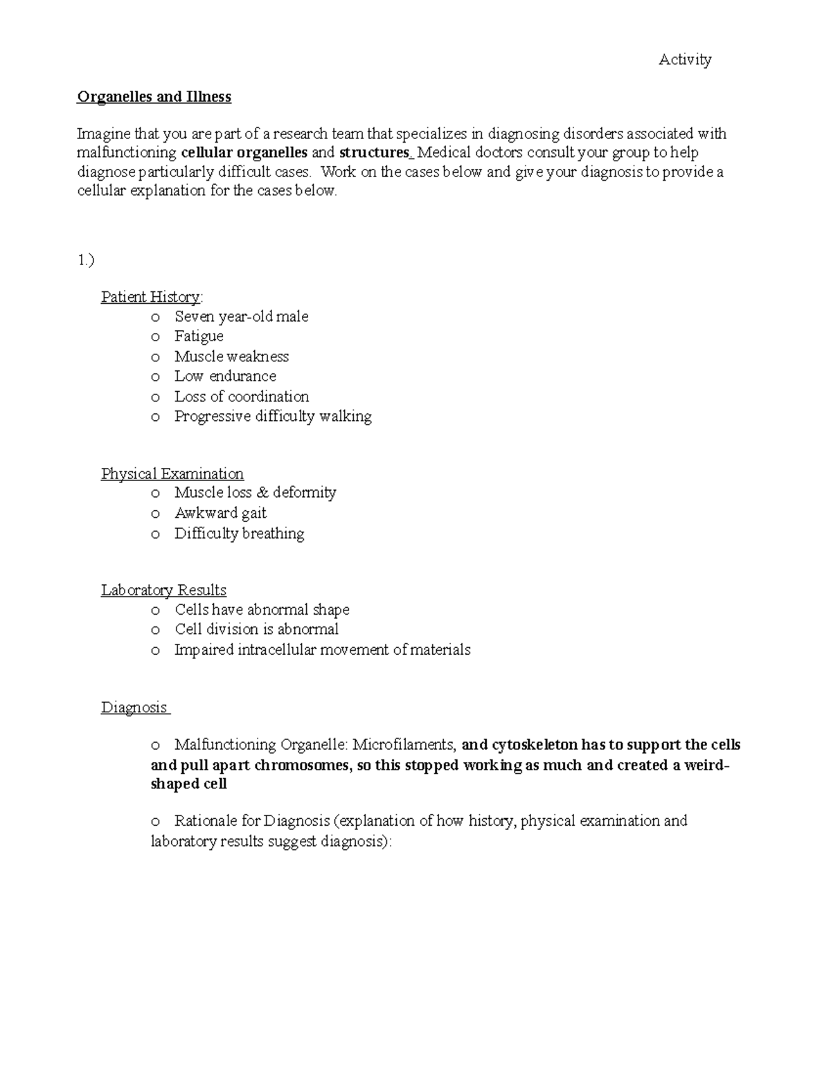 Activity Organelles and Illness worksheet - Organelles and Illness ...