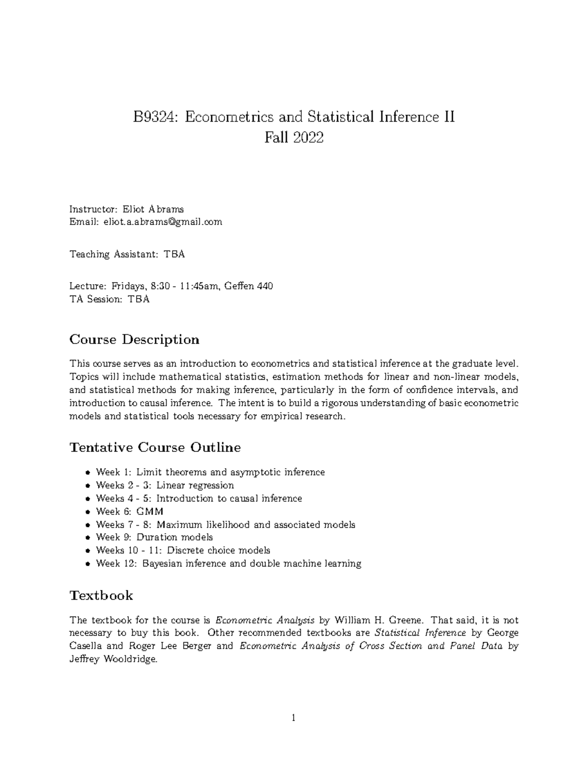 9324 Econometrics Abrams - B9324: Econometrics and Statistical ...