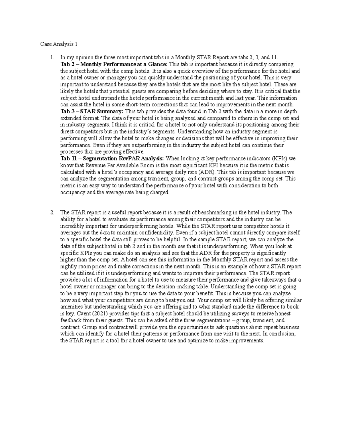 Case Analysis of STAR Report Tabs in a Hotel Analysis - MGMT 3211 - LSU ...