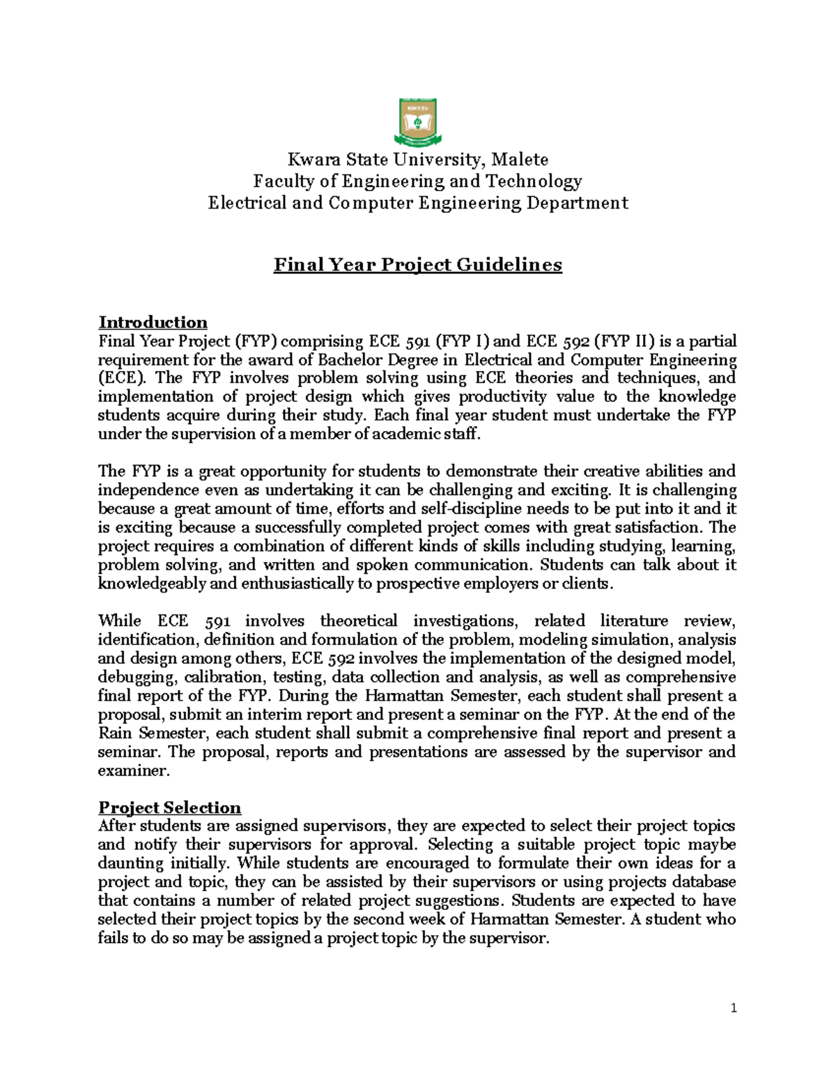 Final Year Project Guidelines - ECE - Kwara State University, Malete ...