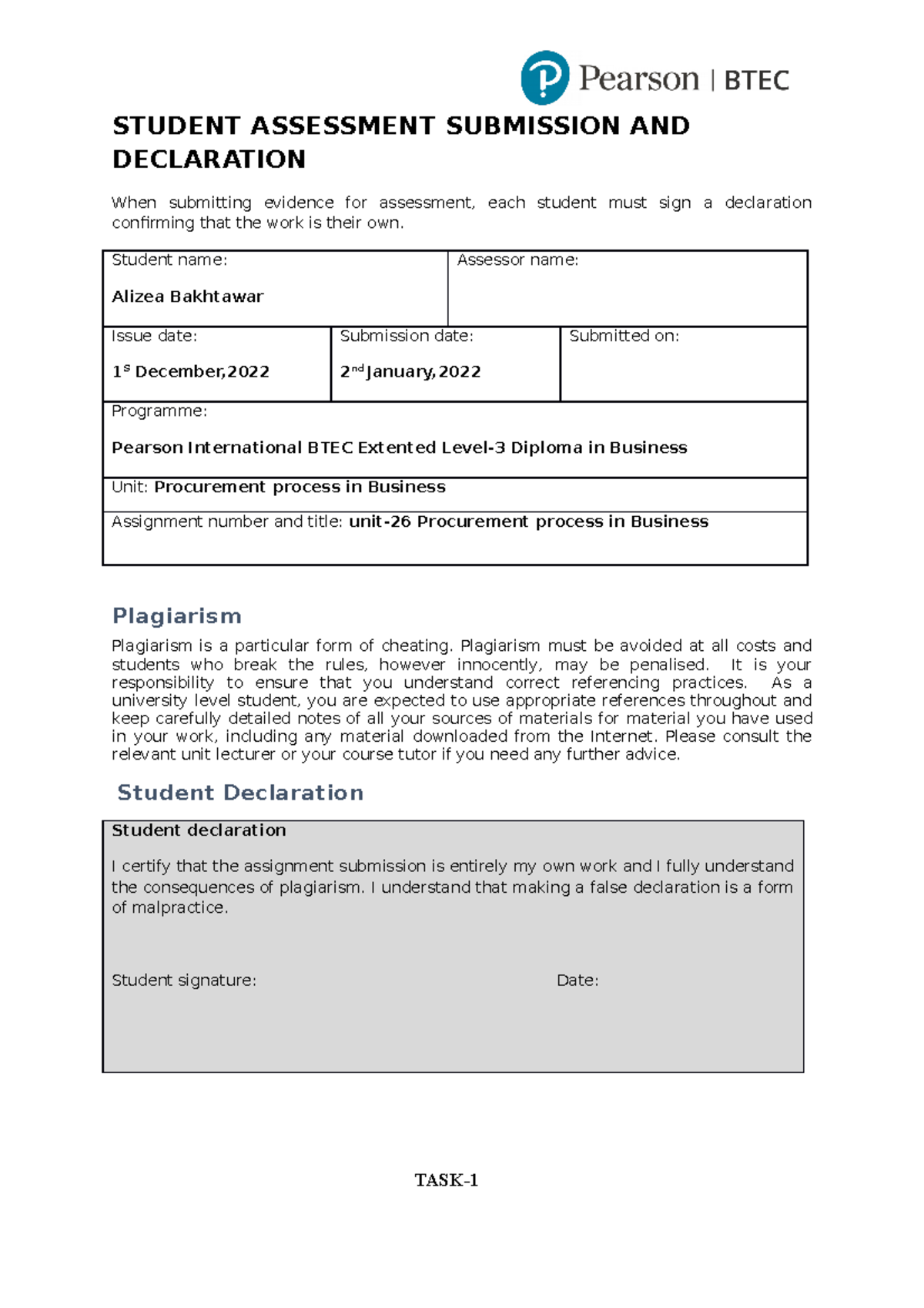 Procurement Task-2 - STUDENT ASSESSMENT SUBMISSION AND DECLARATION When ...