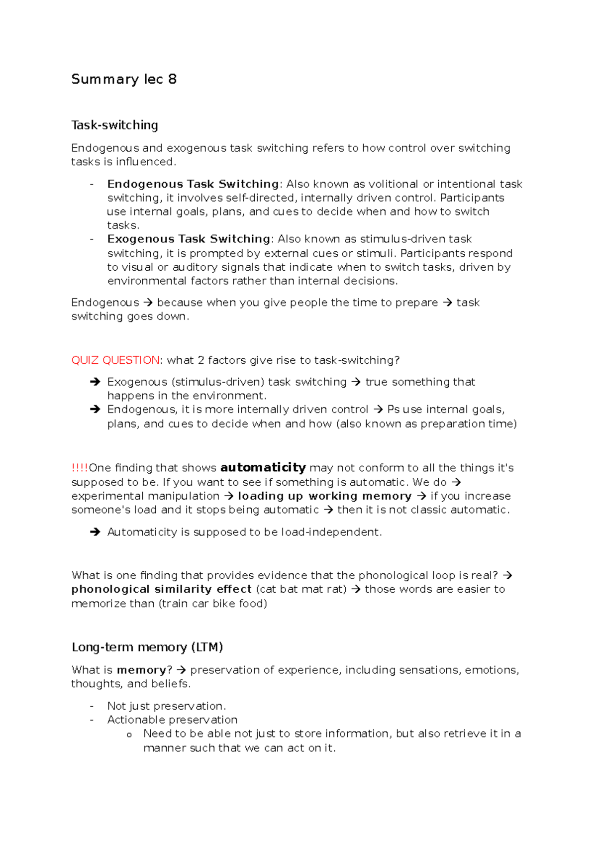 Summary lec 8 - Endogenous Task Switching: Also known as volitional or intentional task ...