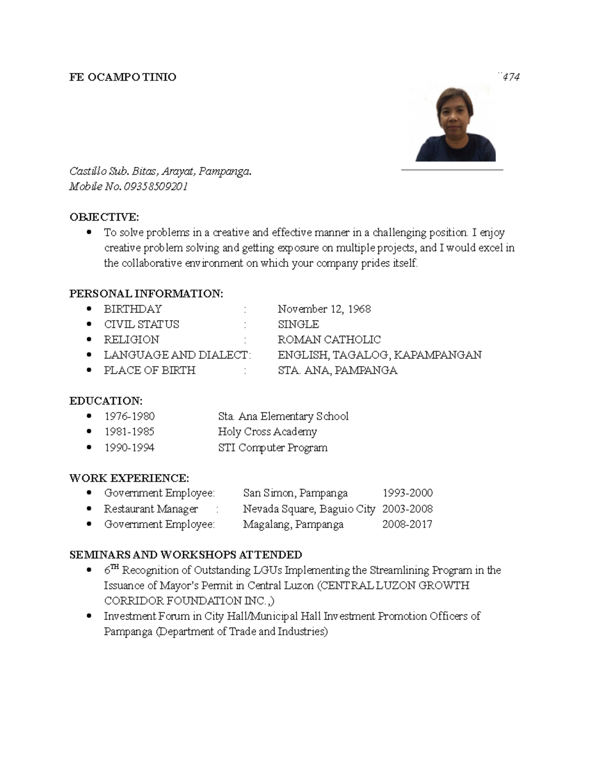 FE Ocampo Tinio resume this is obnly a sample document. please use ...