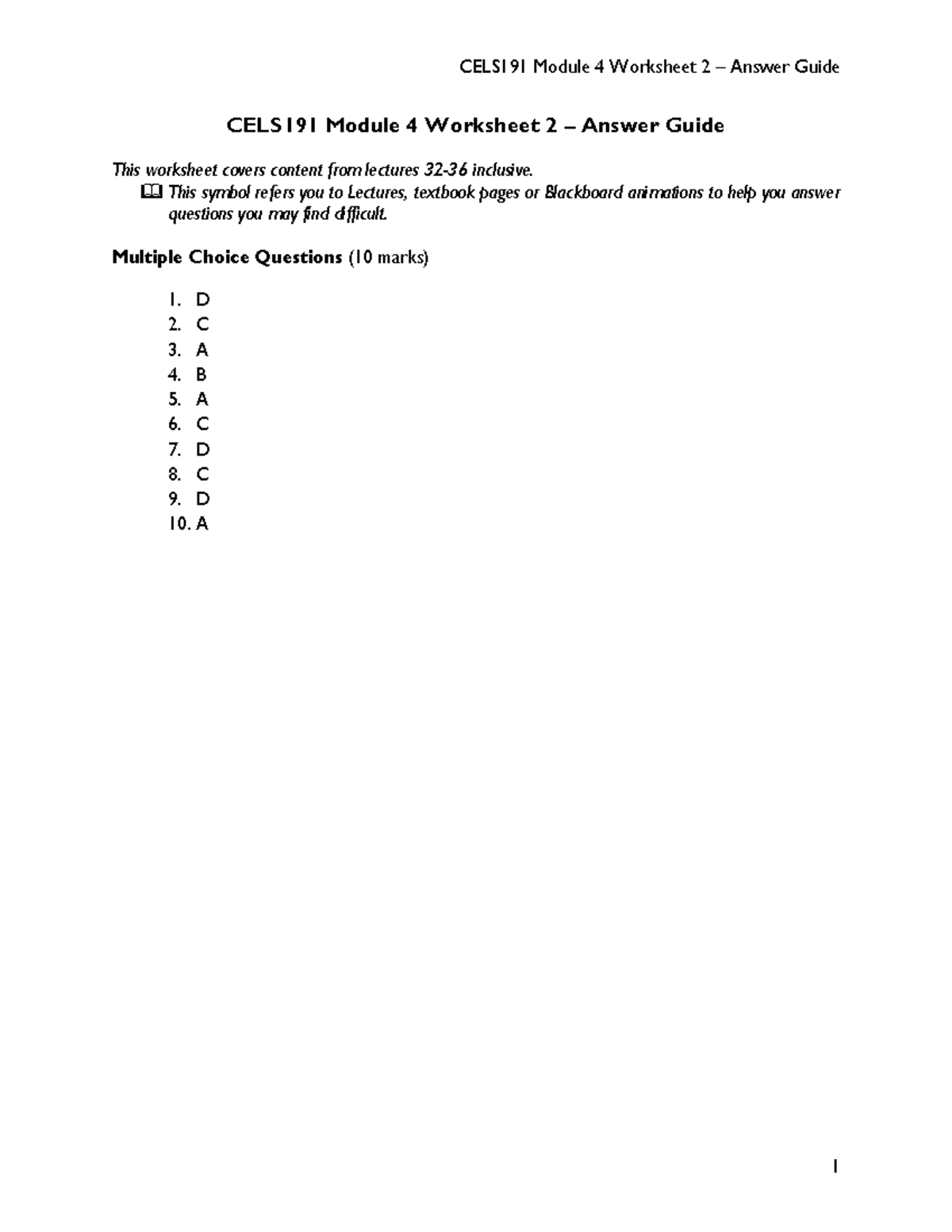 Worksheet 4.2 answers - CELS191 Module 4 Worksheet 2 – Answer Guide ...