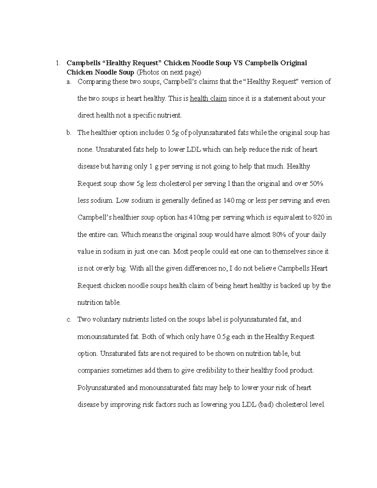 Nutrition Food Labeling Assignment - Campbells “Healthy Request ...