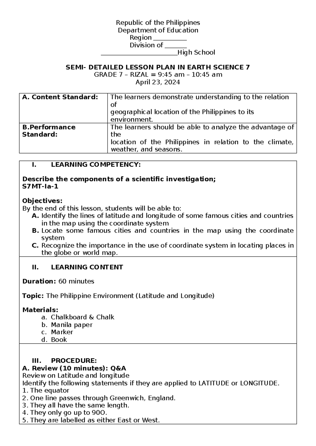 Semi-detailed Lesson Plan in Science: Longitude & Latitude - Republic ...