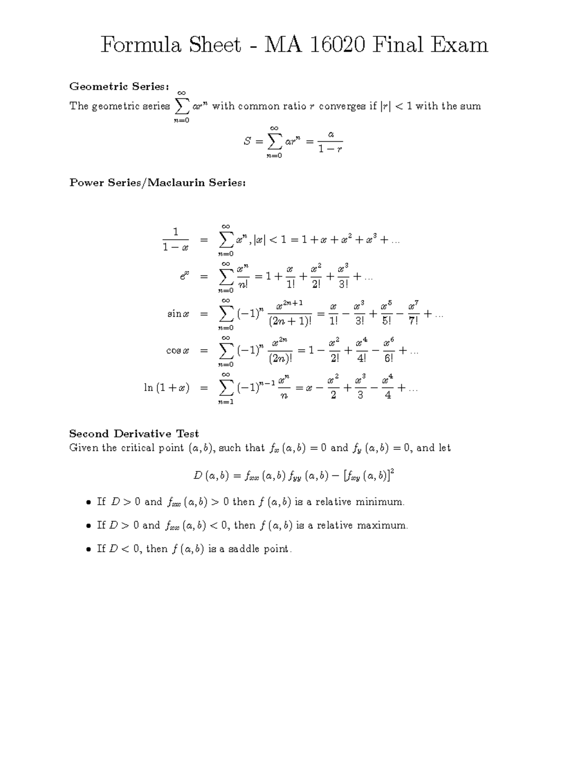 Formula Sheet MA16020 FInal F22 - Formula Sheet - MA 16020 Final Exam ...