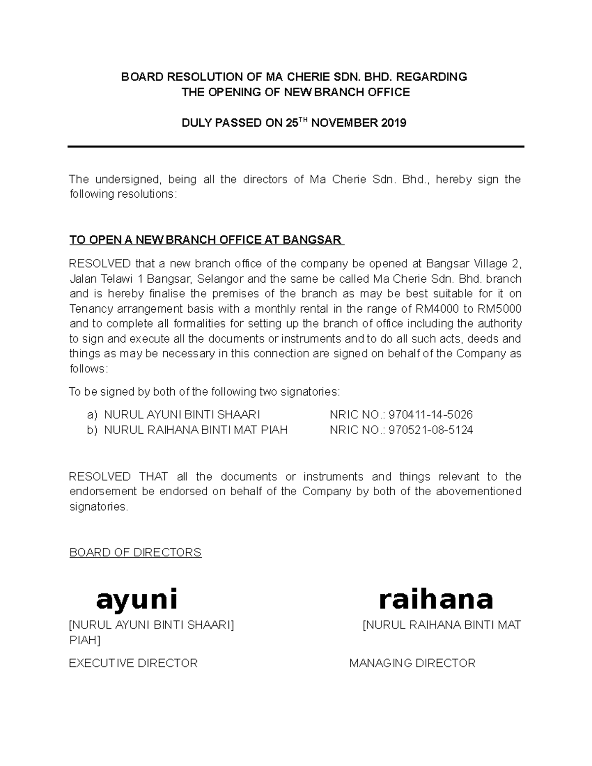 Company Resolution OF MA Cherie NEW Branch - BOARD RESOLUTION OF MA ...