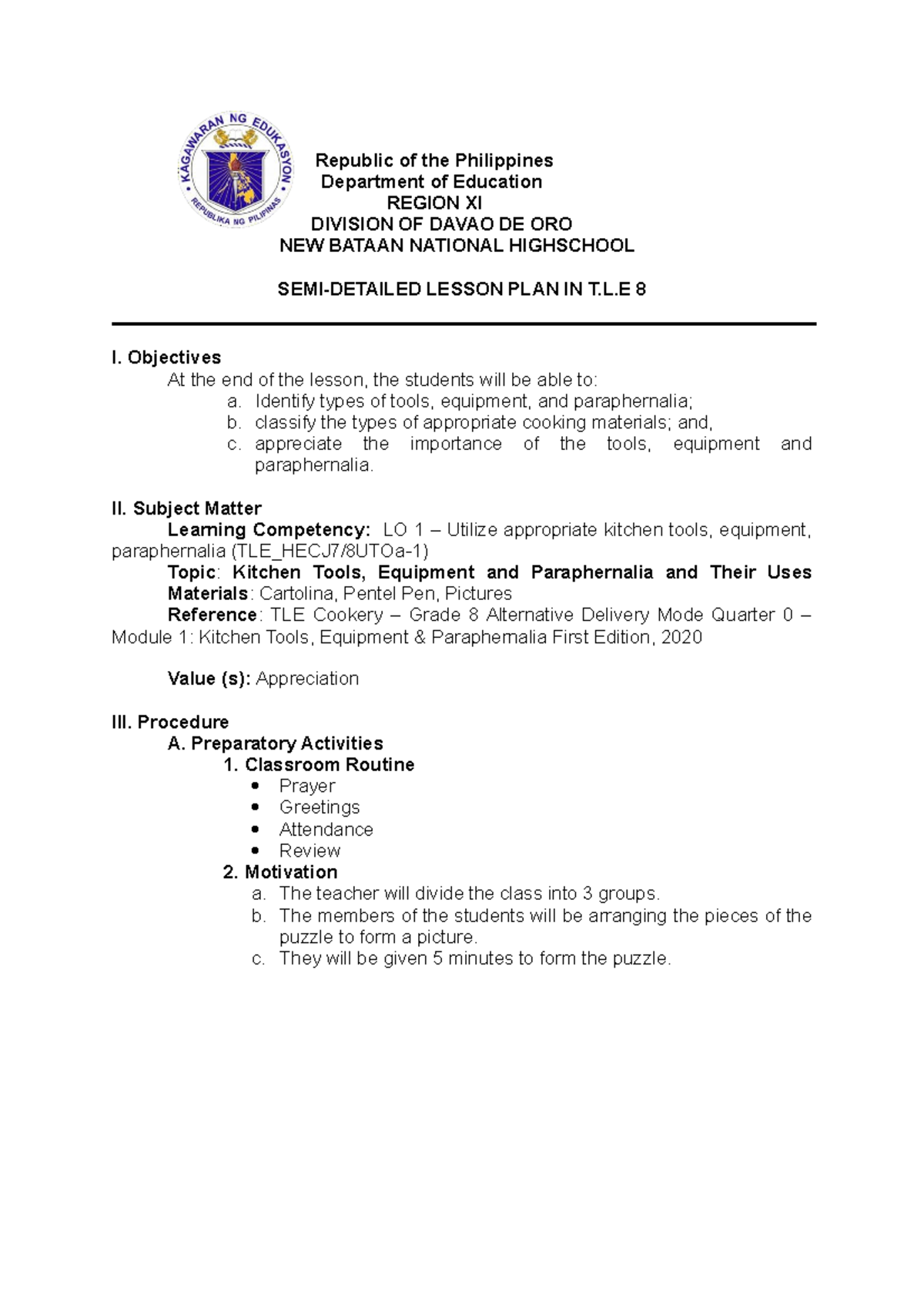 Banua-TLE 8 LP- Kitchen Tools - Republic of the Philippines Department ...