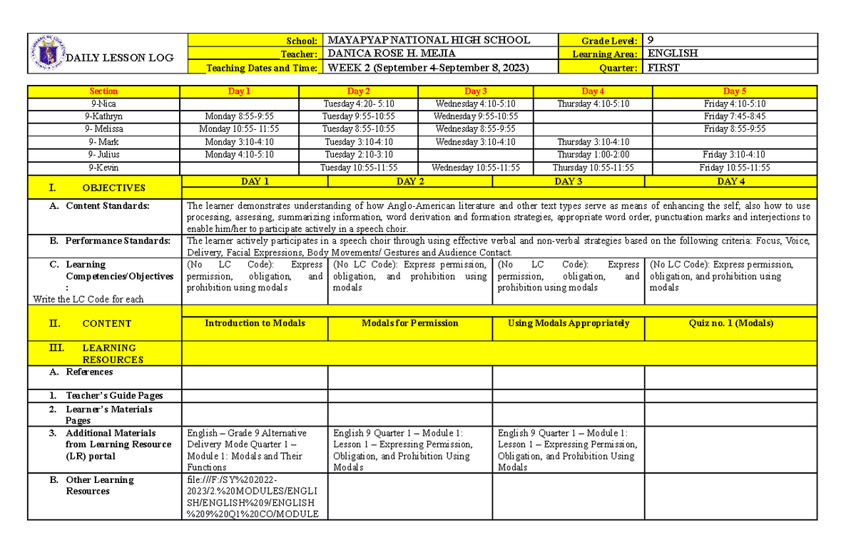 DLL-WEEK-2-ENG-9 - DLL - DAILY LESSON LOG School: MAYAPYAP NATIONAL ...