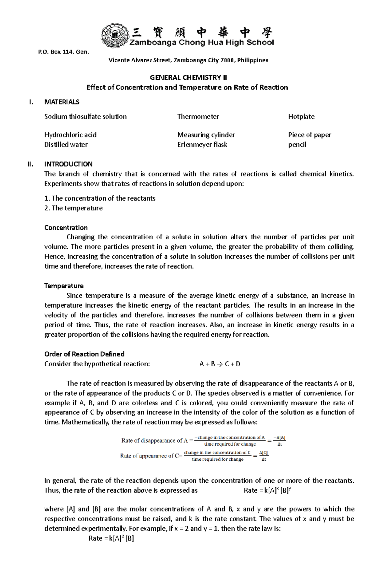 Gen Chem Lab Chemical Kinetics - P. Box 114. Gen. Vicente Alvarez ...