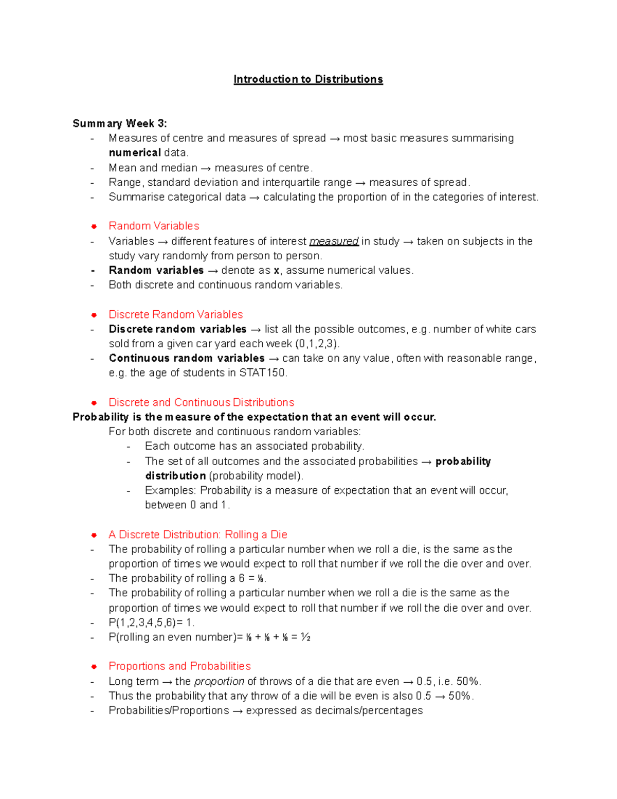 STAT1250- Week 4 - Introduction to Distributions Summary Week 3: - Measures of centre and ...