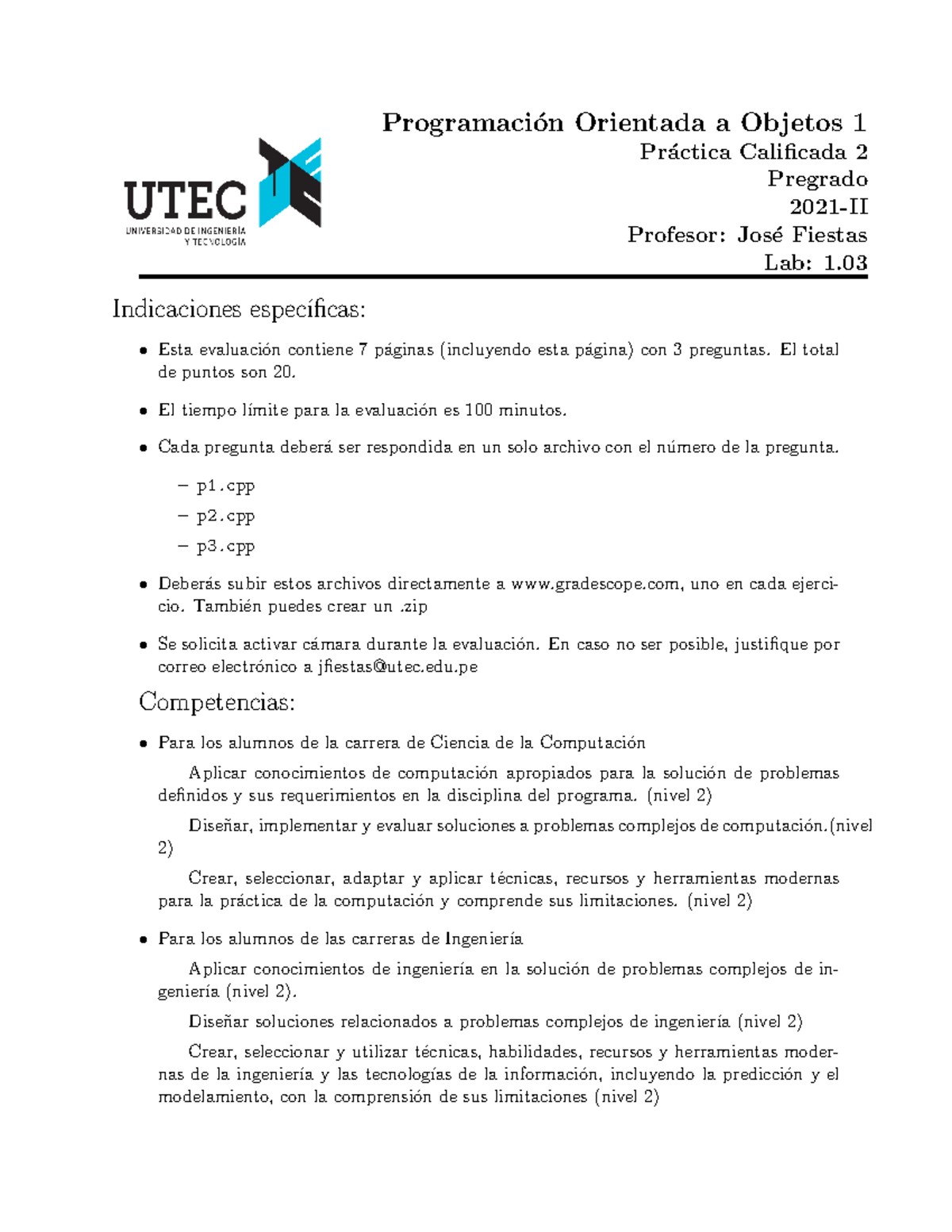 2021-II-L1 - hoja de ensayo - Programaci ́on Orientada a Objetos 1 Pr ...