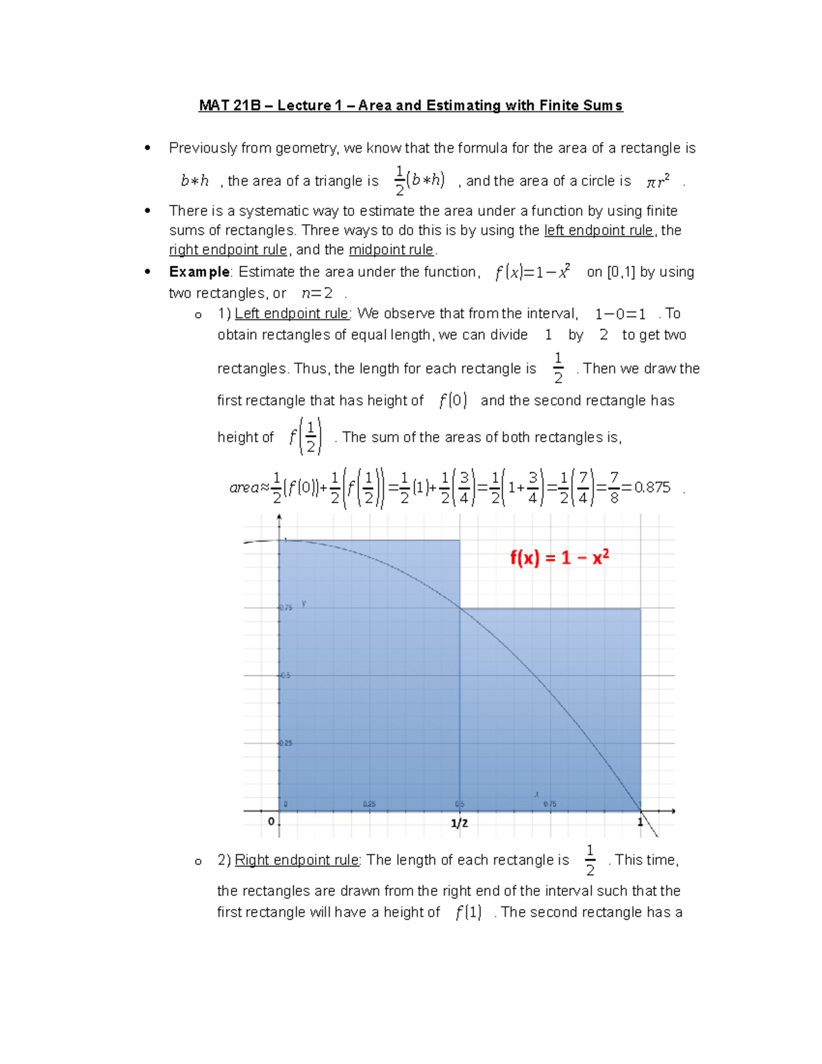 MAT 21B – Lecture 1 – Area and Estimating with Finite Sums - MAT 21B ...