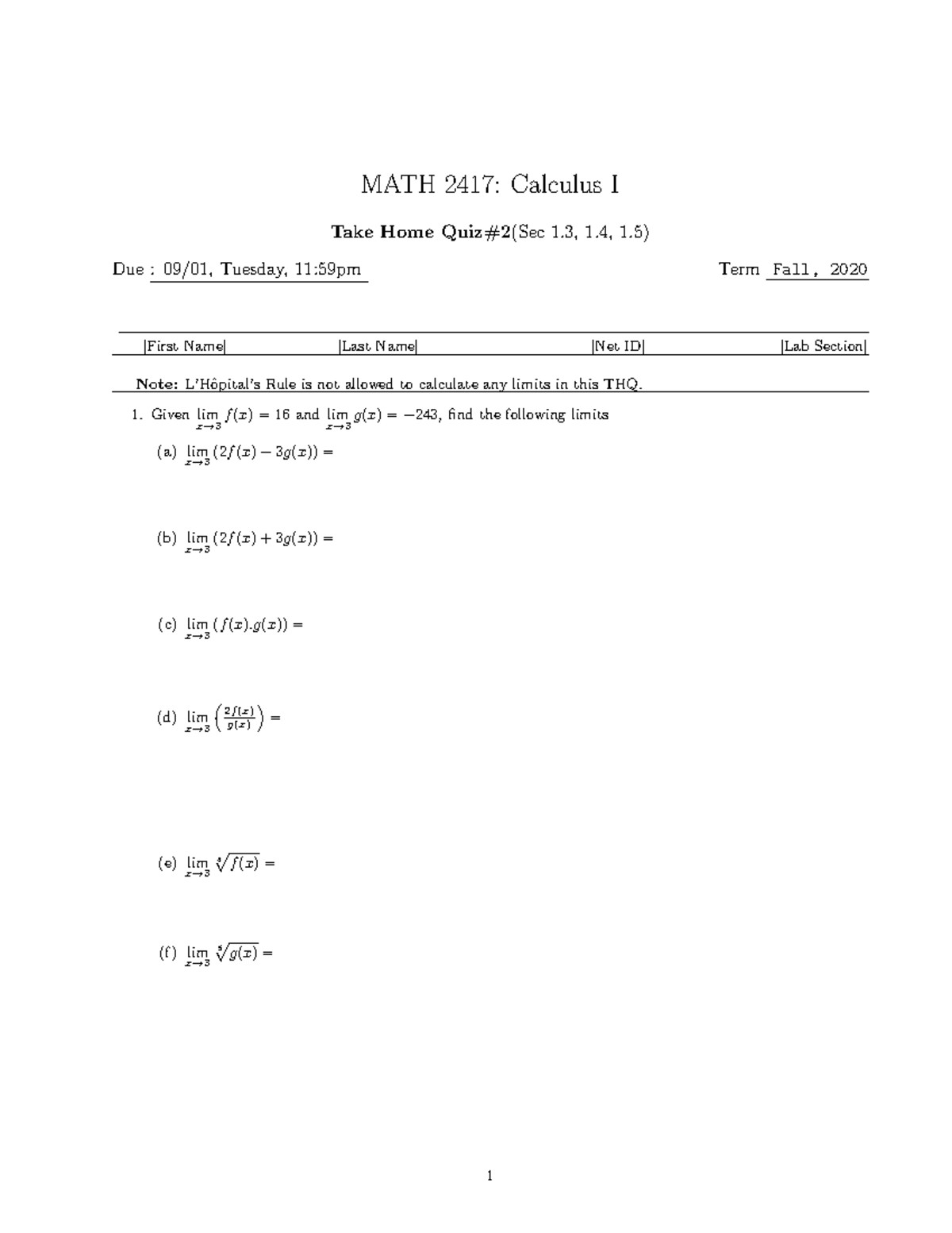 THQ#2- Practice questions for week 2 - MATH 2417: Calculus I Take Home ...