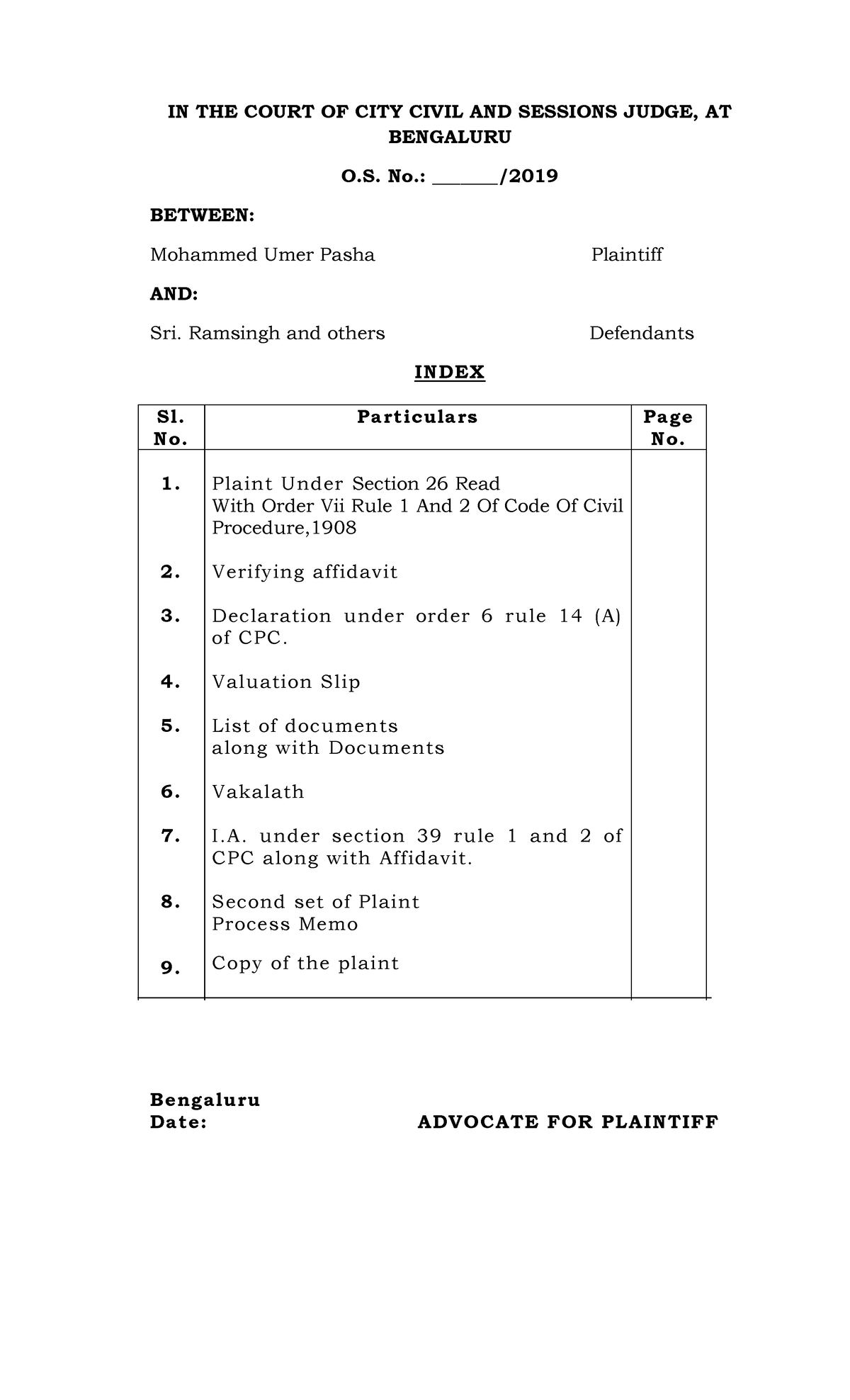 Plaint - IN THE COURT OF CITY CIVIL AND SESSIONS JUDGE, AT BENGALURU O ...