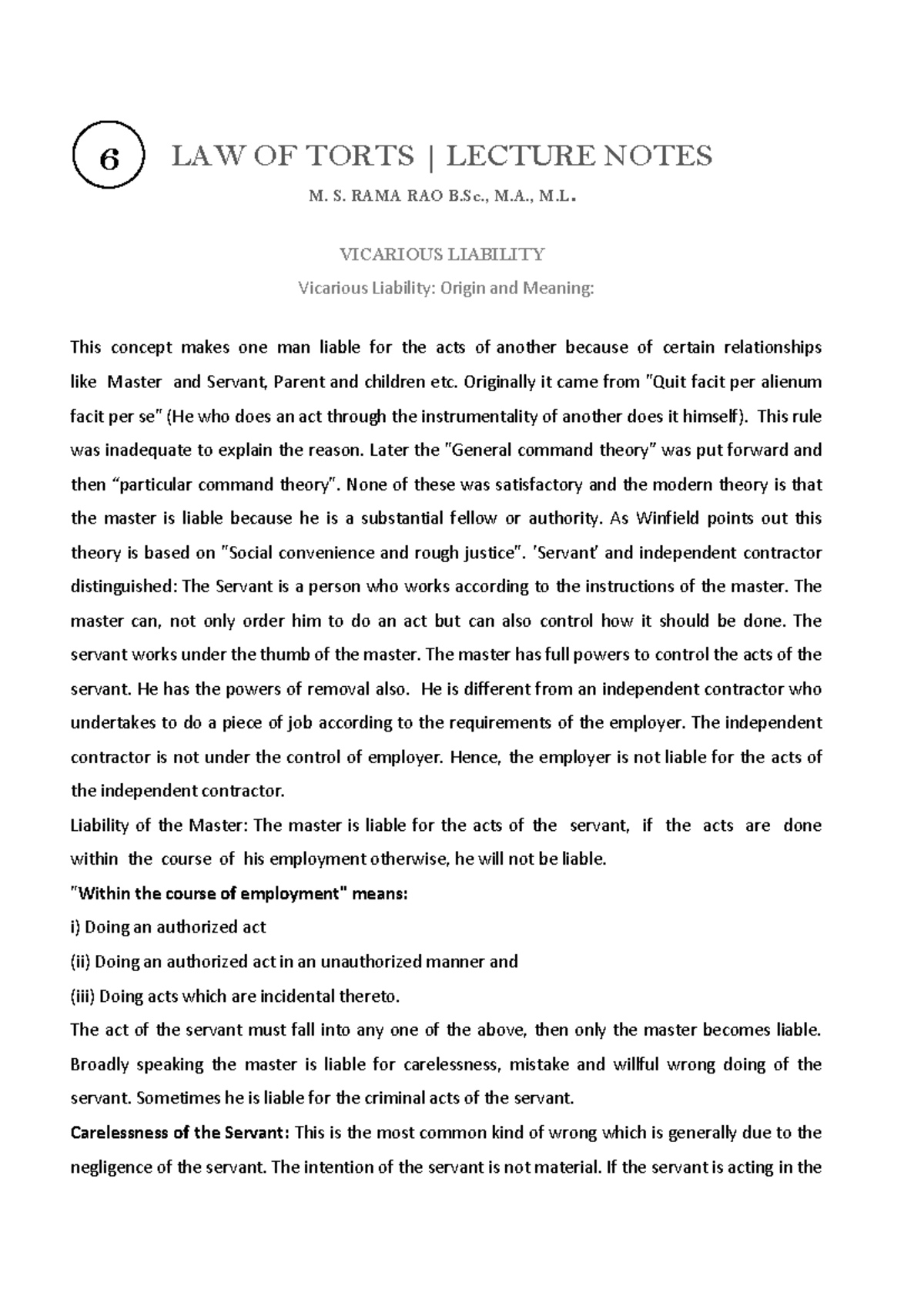 TORT LAW Notes 6 - LAW OF TORTS | LECTURE NOTES M. S. RAMA RAO B., M ...