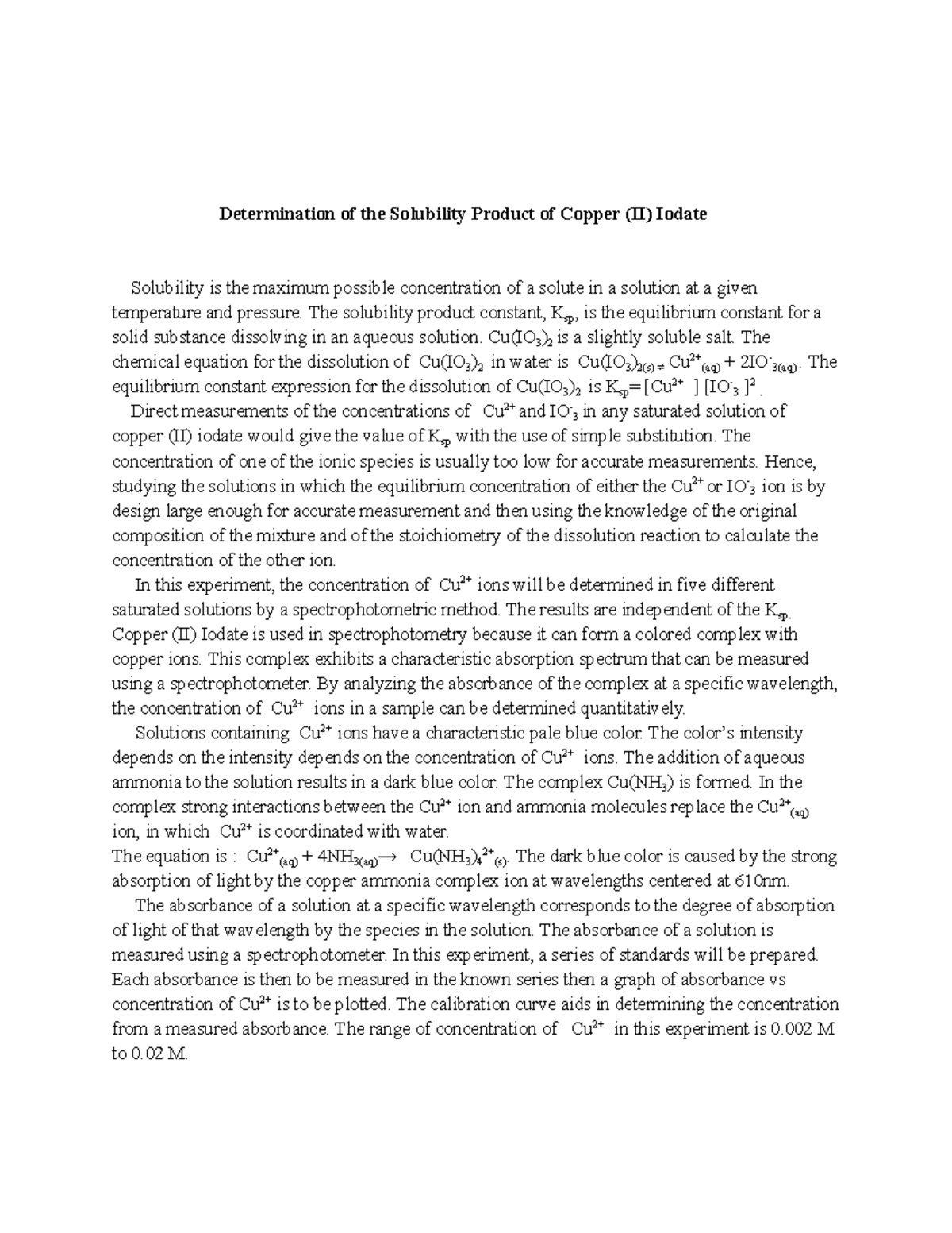 Determination of the Solubility Product of Copper (II) Iodate - The ...