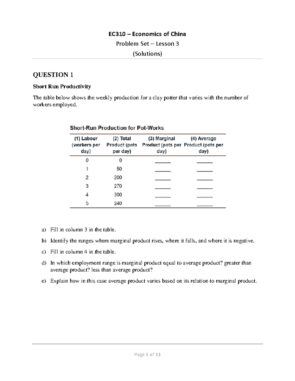 Lesson 3 - Weekly Problem Set (Solutions) - EC310 – Economics of China Problem Set – Lesson 3 ...