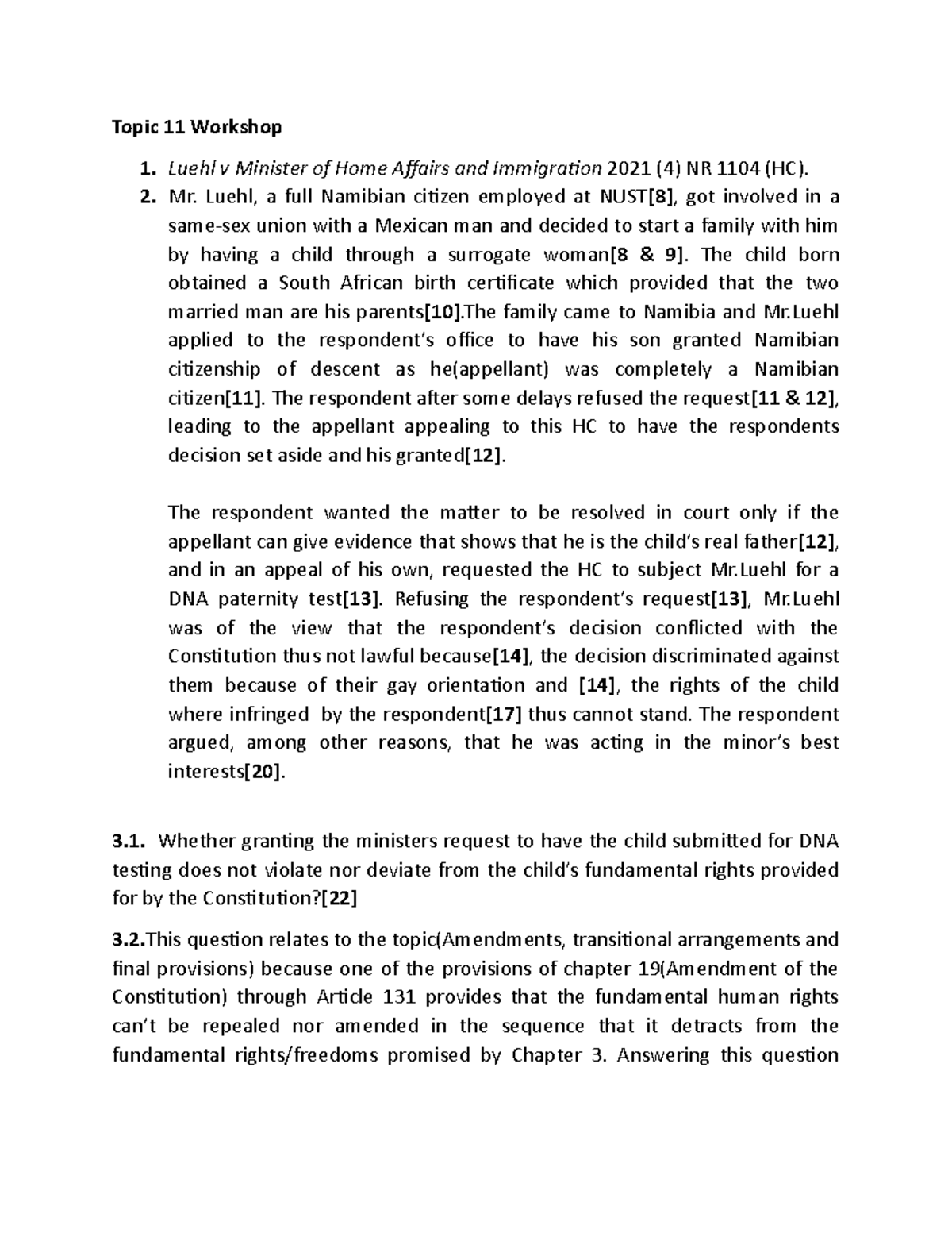 Topic 11 Workshop - Topic 11 Workshop Luehl v Minister of Home Affairs ...