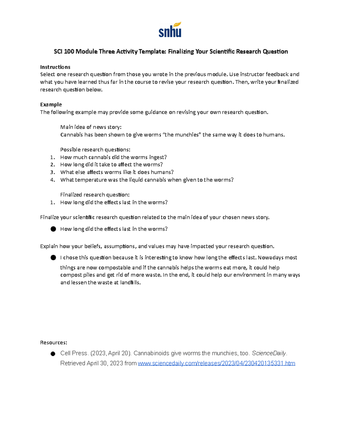 SCI 100 Module Three Activity Template - Use instructor feedback and ...