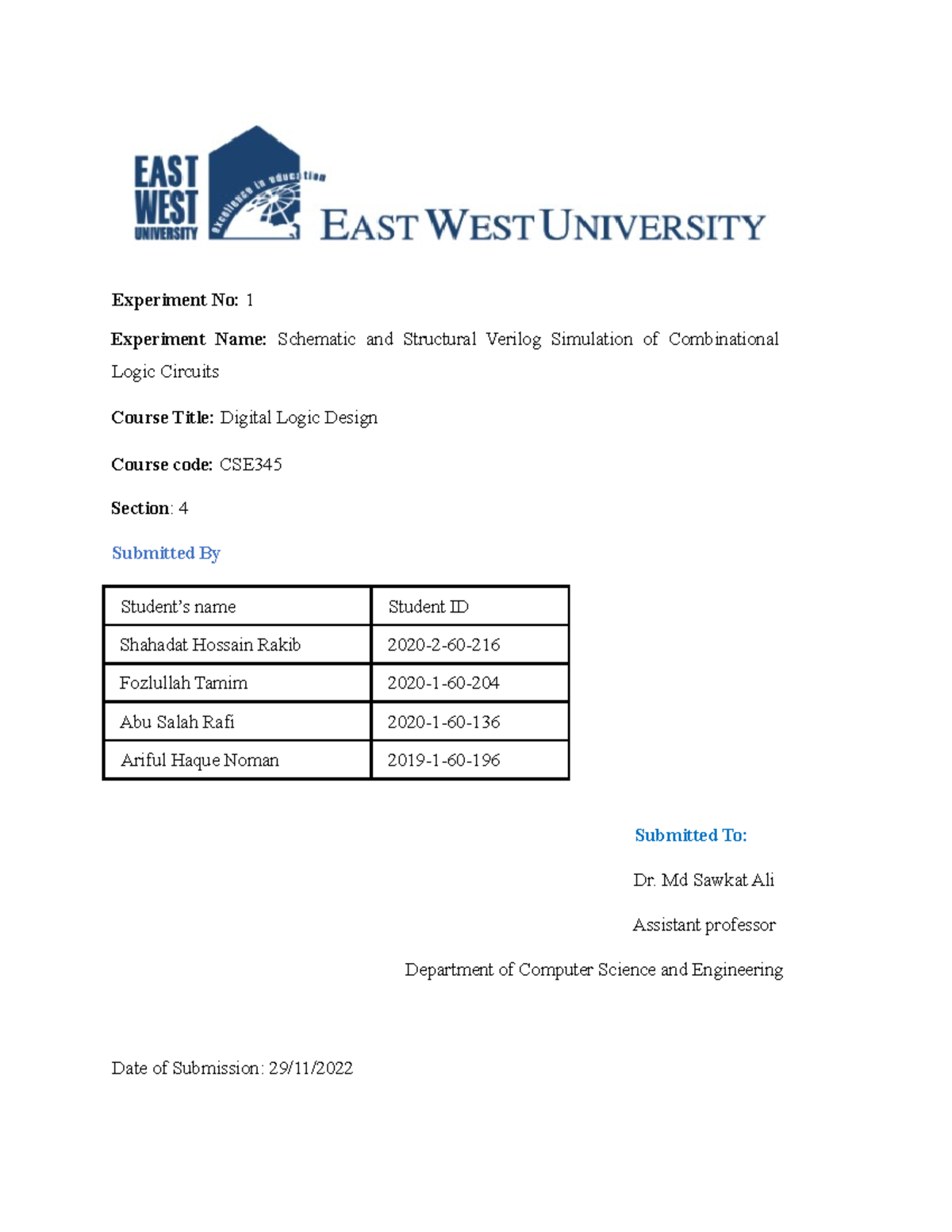 CSE345 Lab-1 - lab1 - Experiment Name:Experiment No: 1 Schematic and Structural Verilog ...