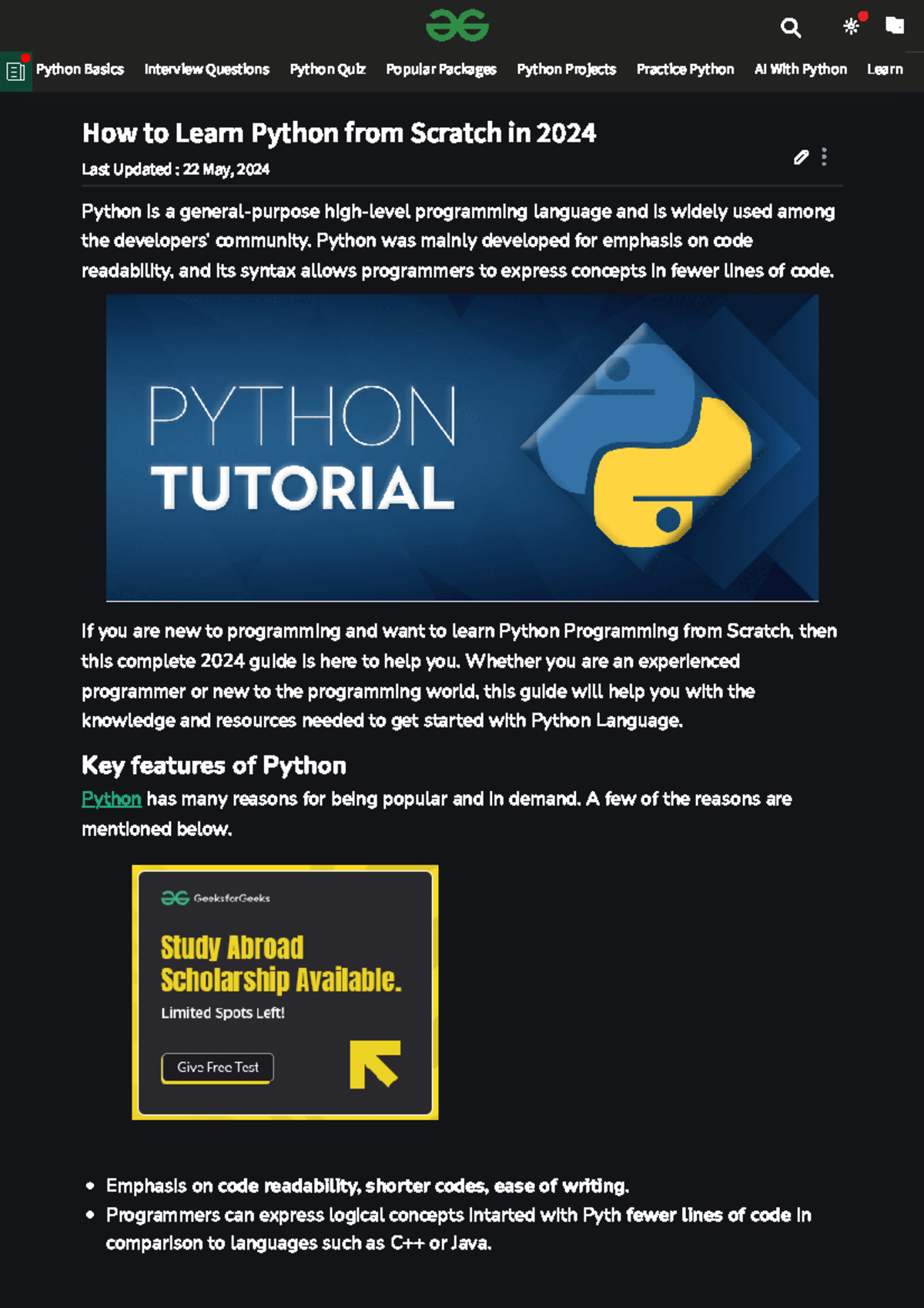 Python - Python was mainly developed for emphasis on code readability, and its syntax allows ...