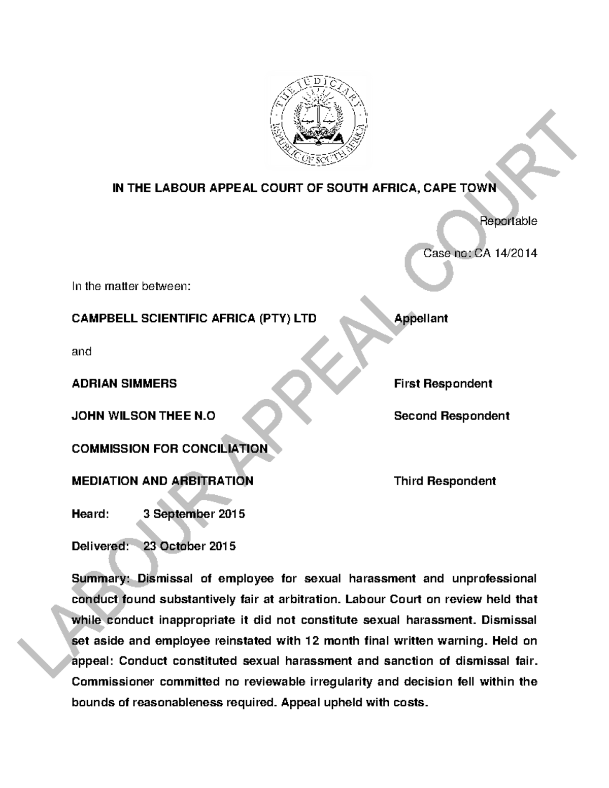 Campbell - case law - IN THE LABOUR APPEAL COURT OF SOUTH AFRICA, CAPE ...