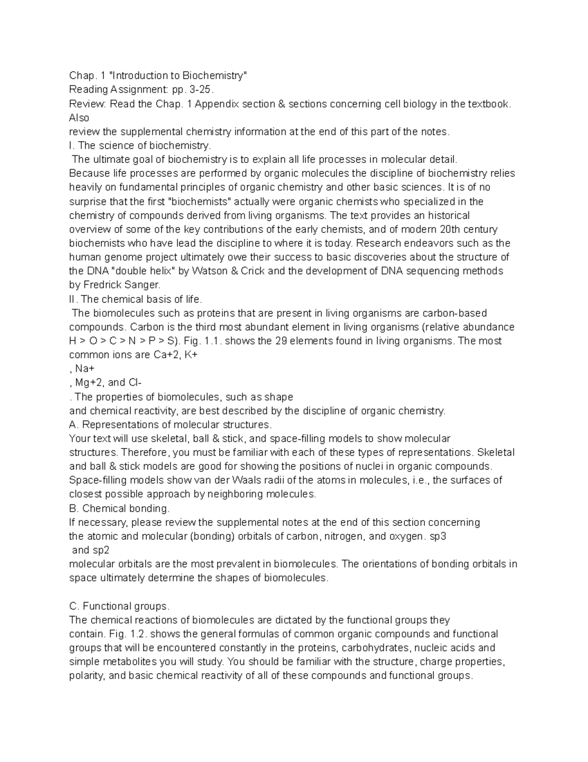 Intro to biochem - just lecture notes-no pictures - Chap. 1 ...