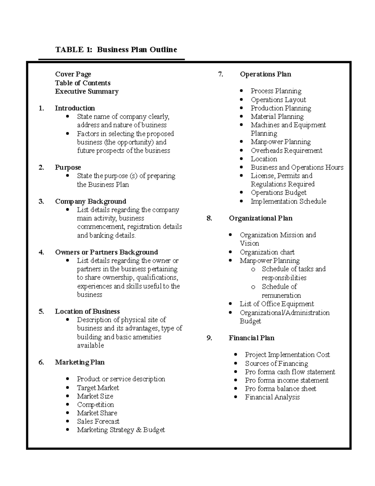 ENT300 Business Plan Summary Outline 60% - TABLE 1: Business Plan ...