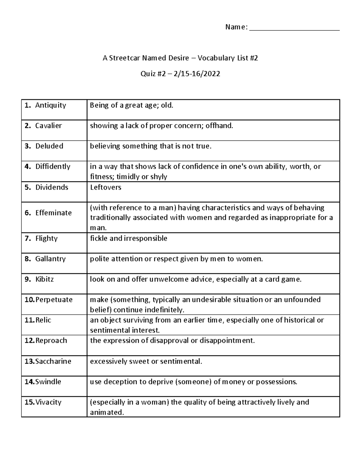 Streetcar+Vcab List 2+Key - Name: ______________________ A Streetcar ...