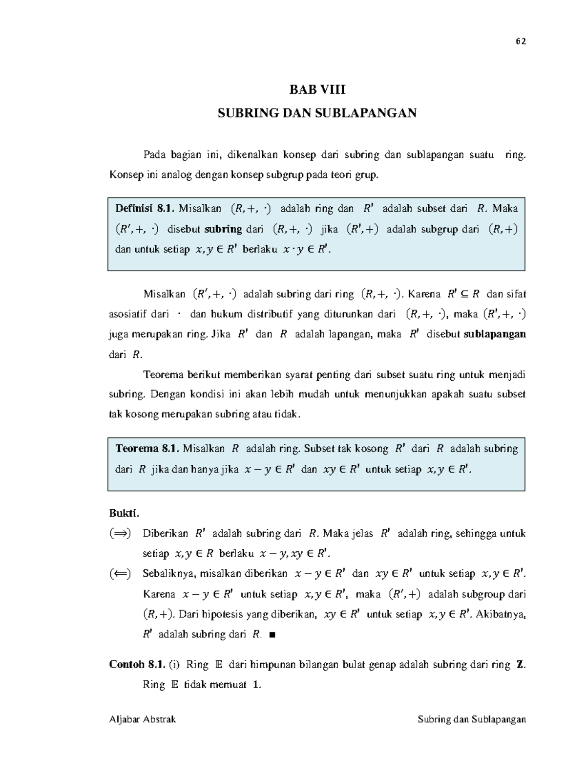 BAB 8- Subring - BAB VIII SUBRING DAN SUBLAPANGAN Pada bagian ini ...