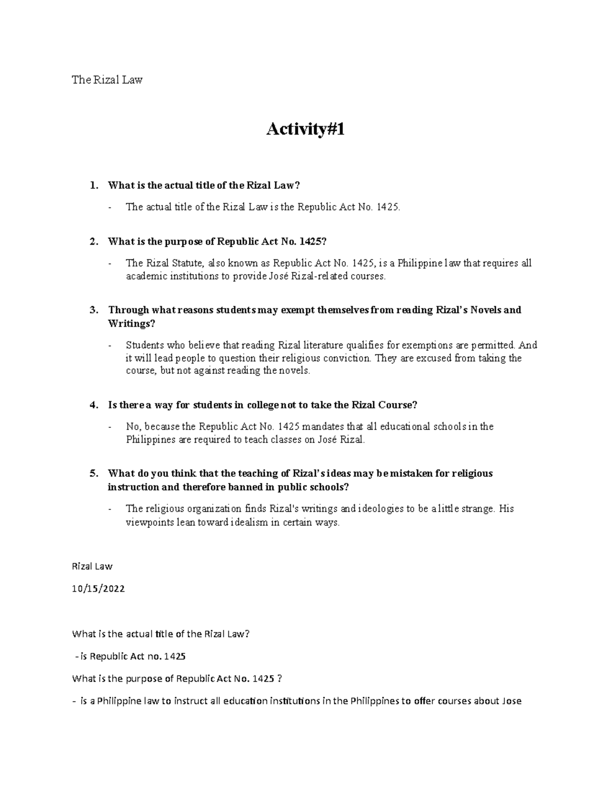 RN1-2 - Rizal-Chapter-1-2 - The Rizal Law Activity# What is the actual ...