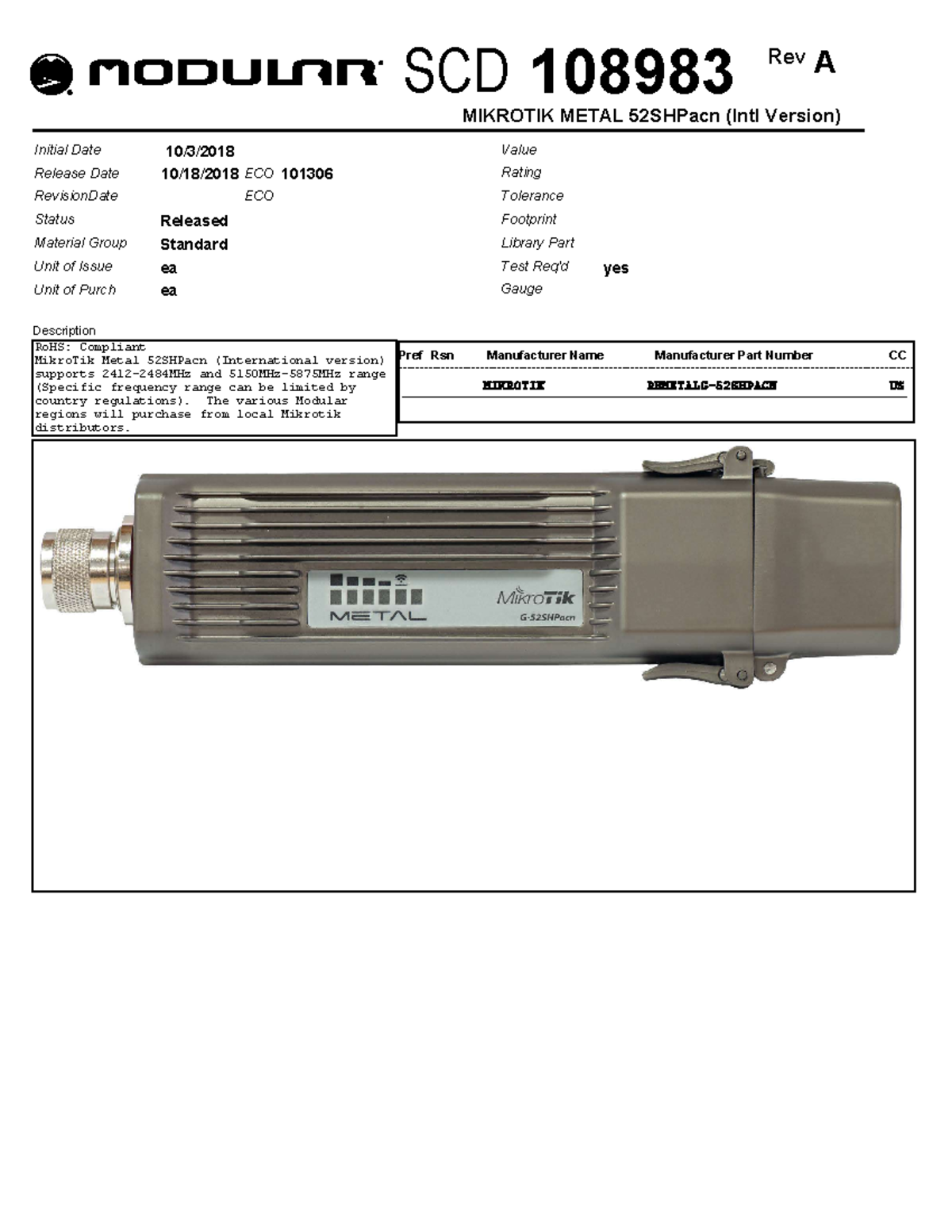 108983 MIKrotik - MIKROTIK METAL 52SHPacn (Intl Version) ####### Unit ...