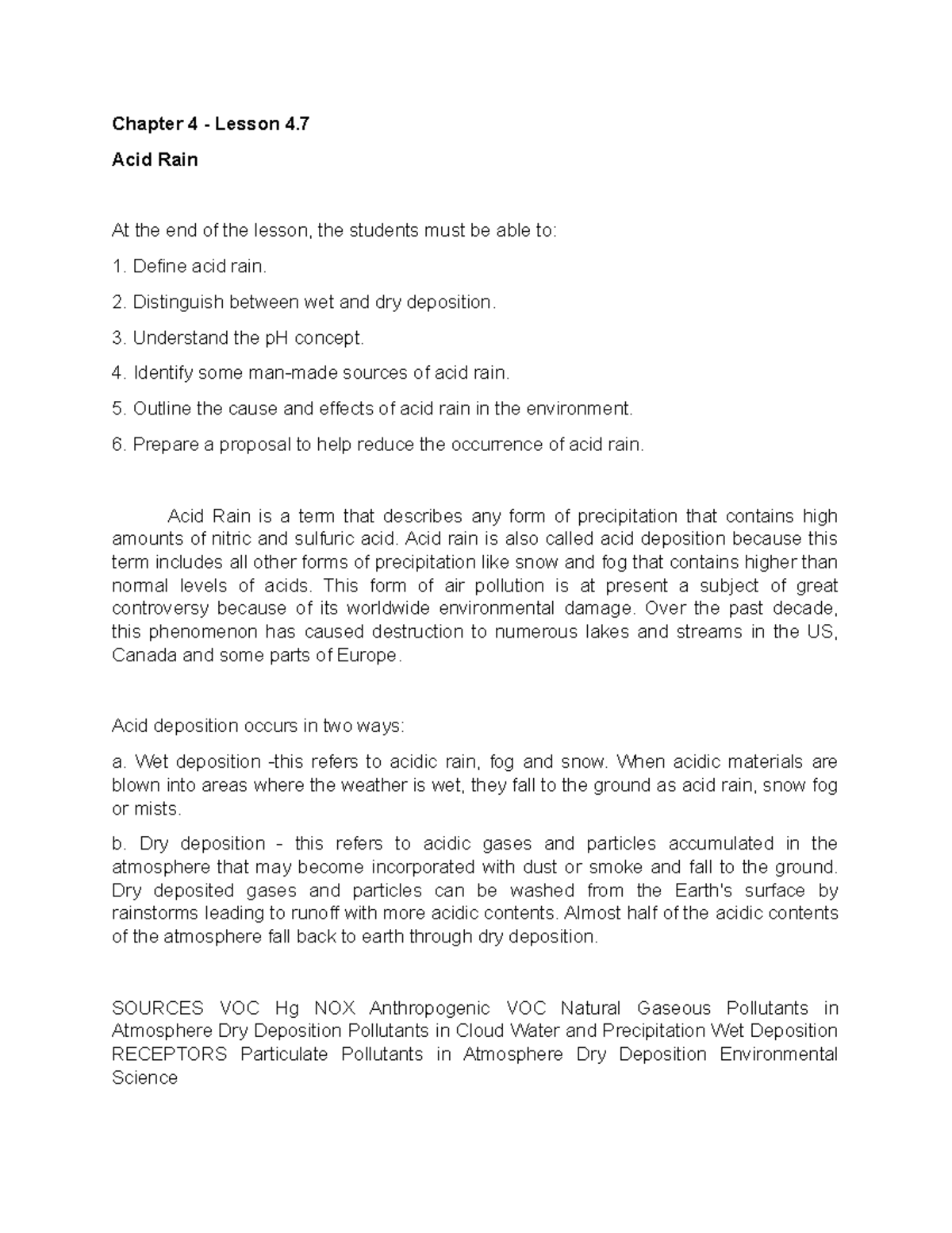 Chapter 4 Acid Rain - Chapter 4 - Lesson 4. Acid Rain At the end of the ...