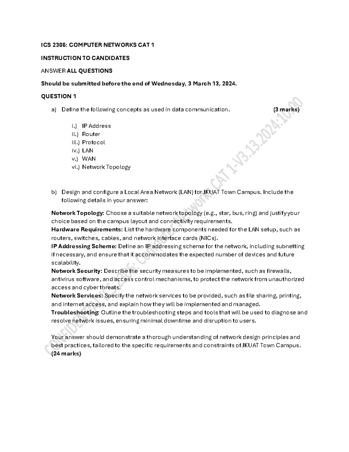 ICS 2306 V13.3.2023 Final - ICS 2306: COMPUTER NETWORKS CAT 1 ...